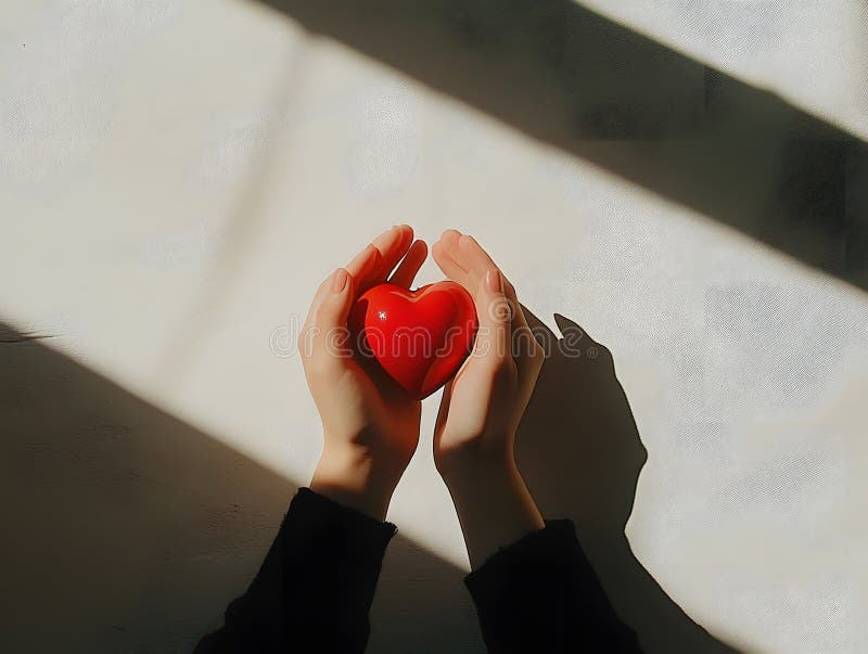 Hands Holding a Red Heart Symbol on a Light Background with Shadows at ...