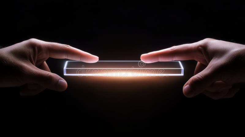 Two Hands Gently Cradle a Brightly Lit Mobile Phone in the Dark ...