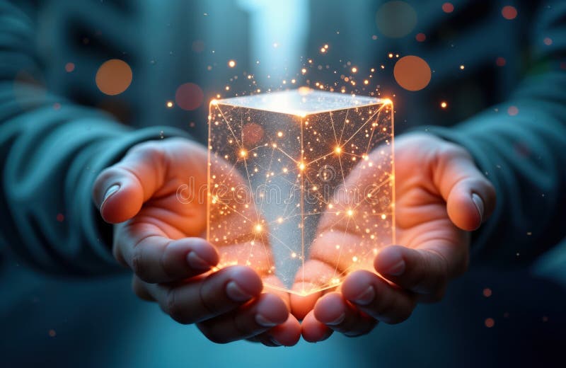 Two Hands Gently Cradle Luminous Cube. Intricate Network Data Streams ...