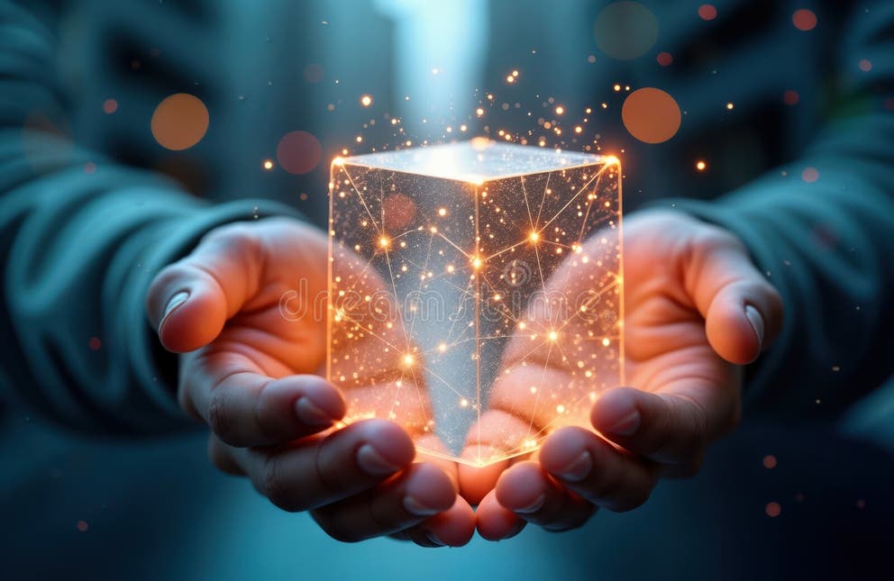 Two Hands Gently Cradle Luminous Cube. Intricate Network Data Streams ...