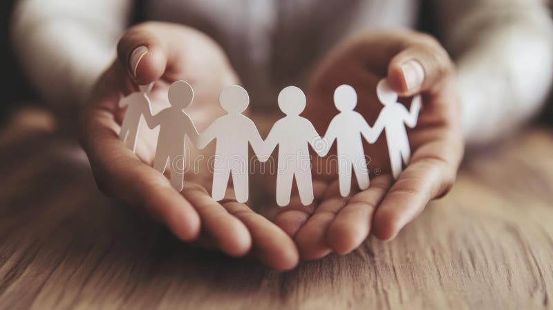 Two Hands Gently Cradle Paper Figures Linked Together, Representing ...