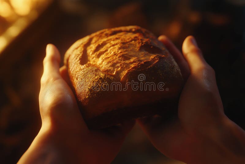 Hands Holding a Freshly Baked Loaf of Bread in Warm, Glowing Light ...