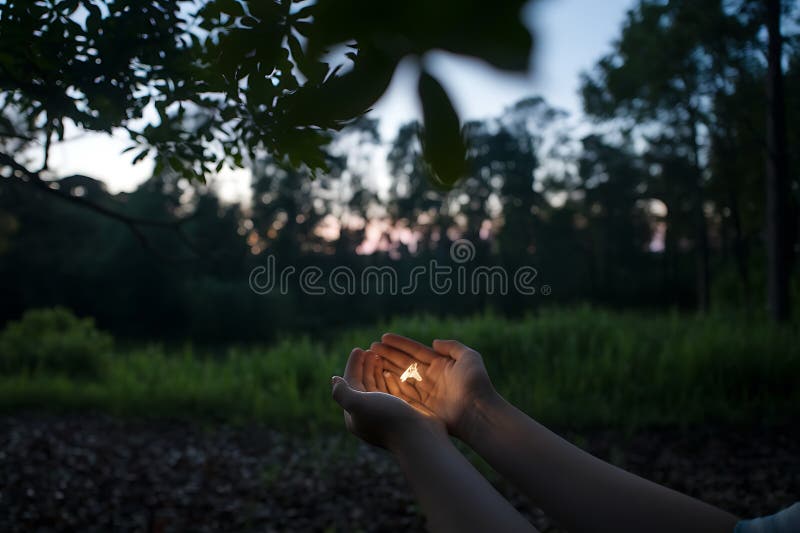 Glowing Firefly Held in Hands at Dusk in Nature Stock Illustration ...