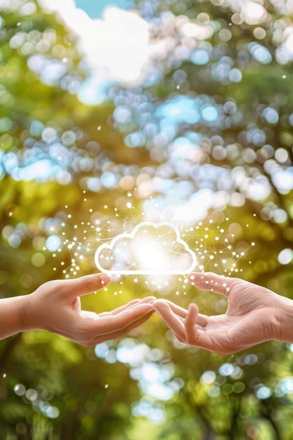 Two Hands Gently Cupping a Glowing Cloud Icon Amidst a Sparkling Green ...