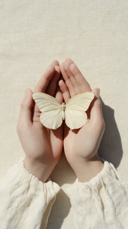 Delicate Hands Cradle a Pale Butterfly, Symbolizing Gentleness and Care ...