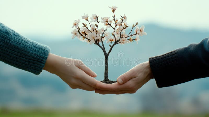 Two Hands Gently Hold a Small Blossoming Tree, Symbolizing Growth and ...