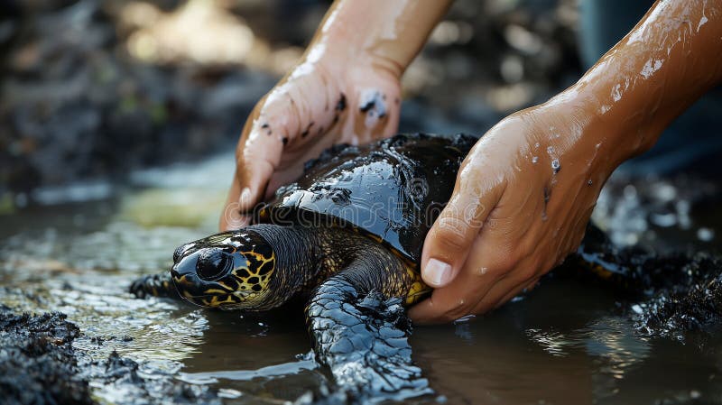 Two Hands Gently Hold a Turtle in a Muddy, Shallow Water Setting Stock ...