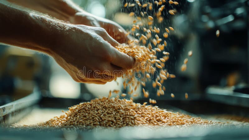Hands Pouring Grains into a Container in a Warm Kitchen Setting at Dusk ...