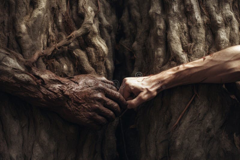 Two Hands Gently Touch Each Other on the Rough Bark of a Tree ...