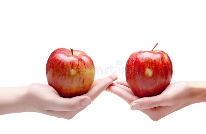 Two Hands Give Each Other an Apple.Close Up on a White Background Stock ...