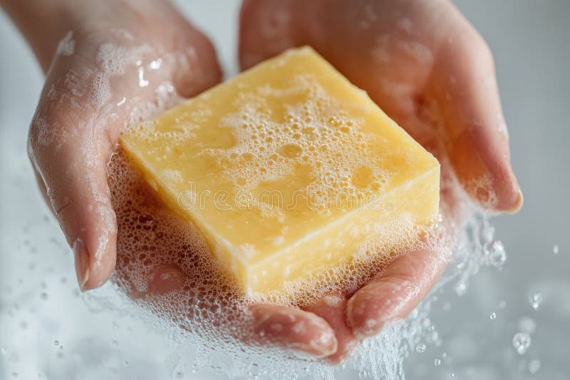 Hands Holding a Bar of Yellow Soap Surrounded by Bubbles in a Bright ...