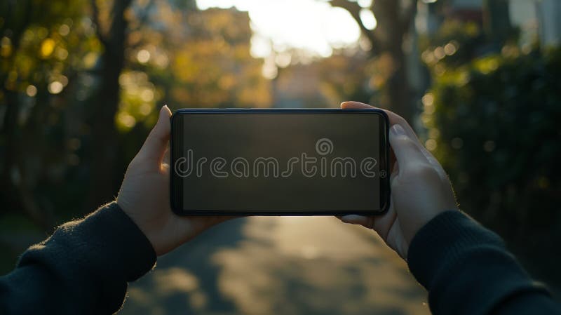 Hands Holding a Smartphone, Capturing the Glow of Sunset in an Outdoor ...