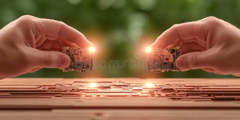 Two Hands Hold Circuit Boards Emitting Light, Symbolizing the Powerful ...
