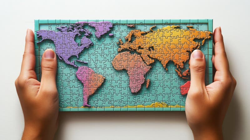 Two Hands Hold Colorful World Map Puzzle. Puzzle Pieces Different ...