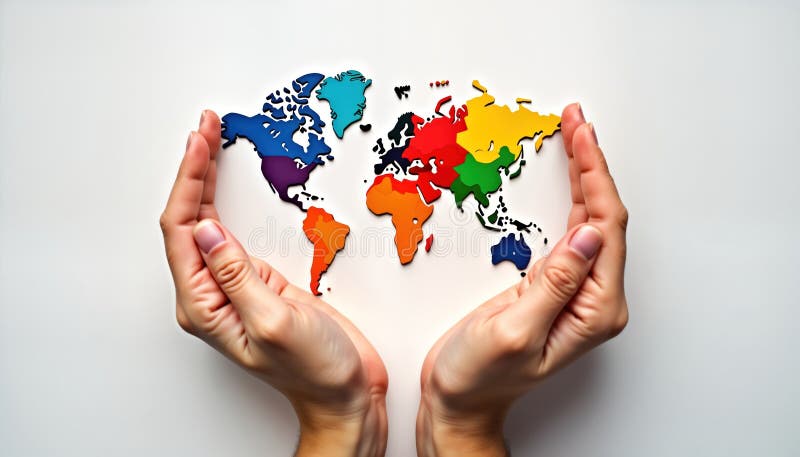 Two Hands Hold Colourful World Map Puzzle. Hands Protect, Safeguard ...