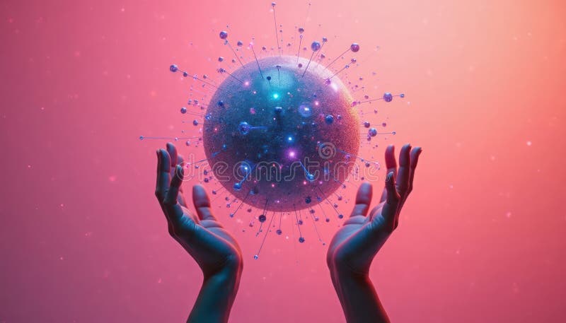 Two Hands Hold Digital Sphere. Abstract Patterns, Bright Lights ...