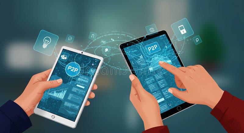 Two Hands Hold Digital Tablets, Each Displaying a P2P (peer-to-peer ...