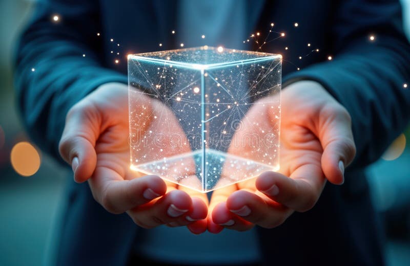 Two Hands Hold Luminous Glowing Cube. Network of Data Streams within ...