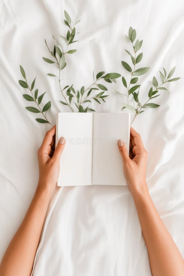 Two Hands Hold an Open Blank Notebook, Framed by Delicate Greenery ...