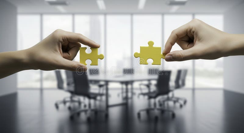 Hands Connecting Jigsaw Puzzle Pieces in a Modern Office Setting Stock ...