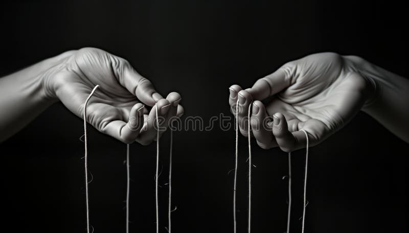 Two Hands Hold Strings. Powerful Figure Controls Person Like Puppet ...