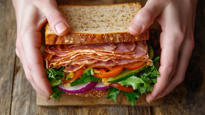 Two Hands Hold a Substantial Sandwich Made with Seeded Bread Stock ...