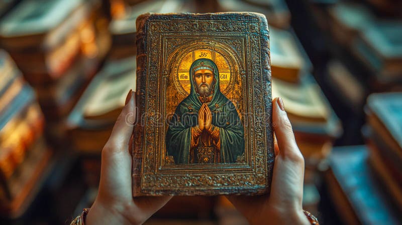 Two Hands are Holding an Ancient Book or Icon with the Image of a Saint ...
