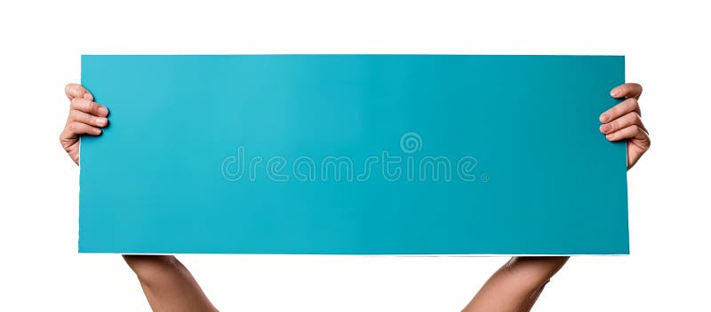 Two Hands Holding a Blue Sign in Front of a White Background Stock ...