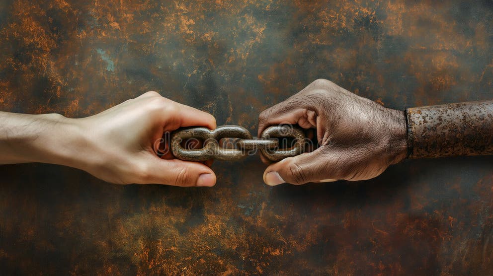 Two Hands Holding a Chain Link on a Textured Rust Background Stock ...