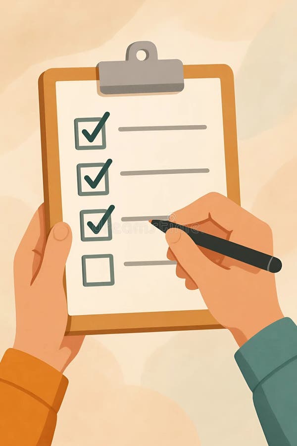 Two Hands Holding a Clipboard with a Checklist. Stock Illustration ...