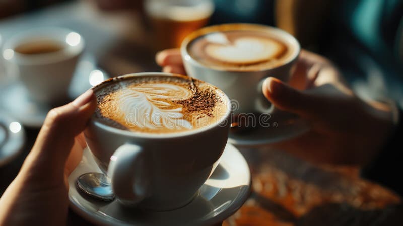 Two Hands Holding Two Cups of Coffee with Artistic Latte Art Designs on ...