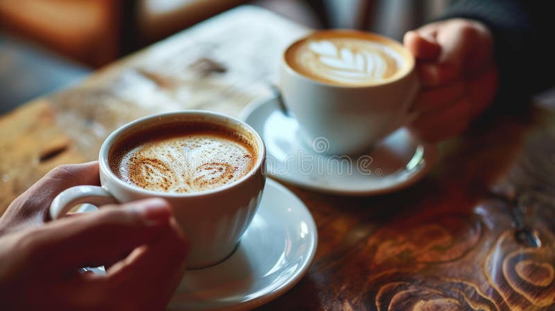 Two Hands Holding Two Cups of Coffee with Artistic Latte Art Designs on ...