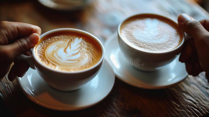 Two Hands Holding Two Cups of Coffee with Artistic Latte Art Designs on ...