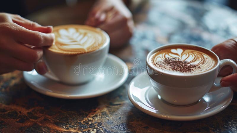 Two Hands Holding Two Cups of Coffee with Artistic Latte Art Designs on ...