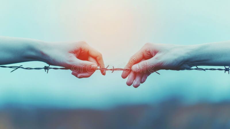 Two Hands Holding Each Other S Hand through a Barbed Wire Fence, AI ...