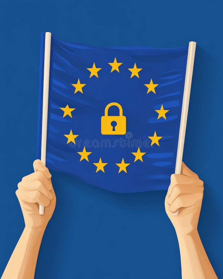 Two Hands Holding EU Security Flag on Plain Blue Background Symbolizing ...