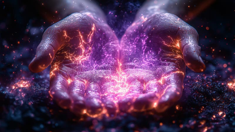 Two Hands Holding a Glowing Purple Object, Surrounded by a Purple Stock ...