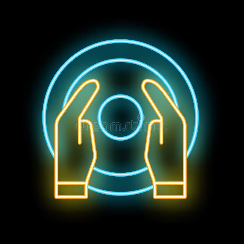 Two Hands Holding Glowing Virtual Neon Button on Black Background Stock ...