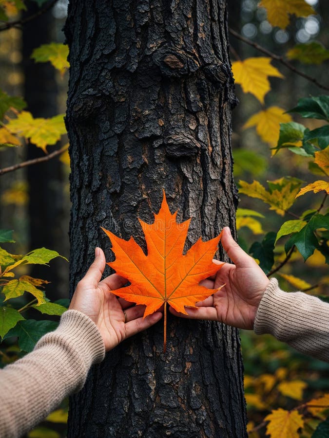 Two Hands Holding a Maple Leaf on a Tree in the Autumn Forest Stock ...