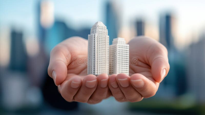Two Hands Holding Miniature Buildings in Front of a Cityscape, AI Stock ...