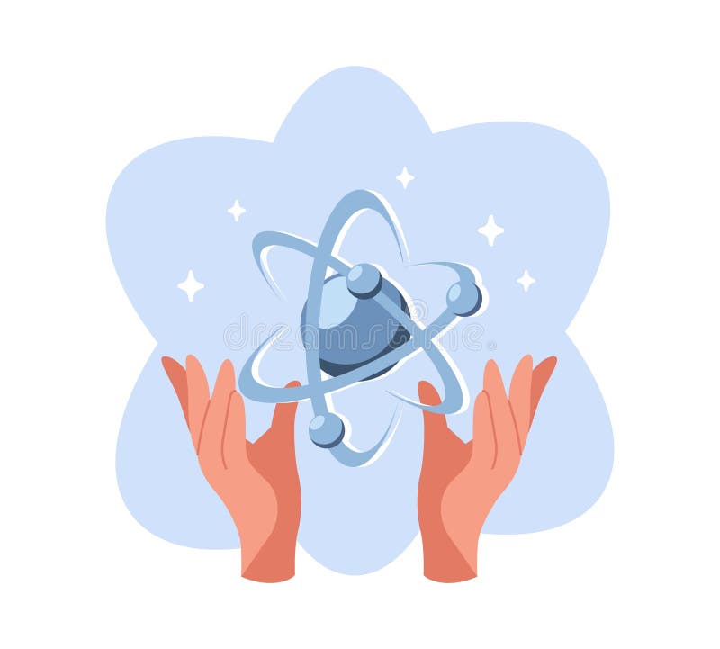 Two Hands Holding Physical Particle of an Atom. Nuclear and Electron ...
