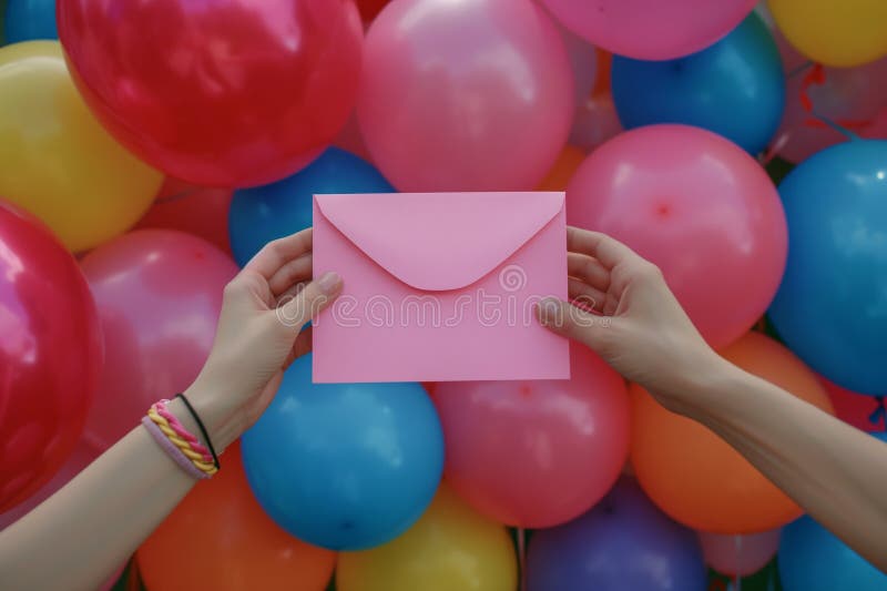 Two Hands Holding a Pink Envelope Against a Backdrop of Balloons Stock ...
