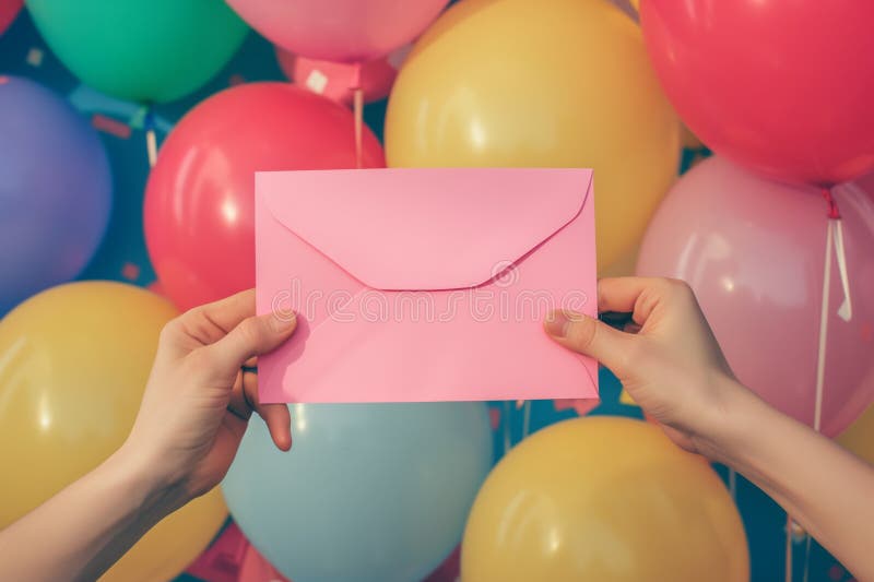 Two Hands Holding a Pink Envelope Against a Backdrop of Balloons Stock ...