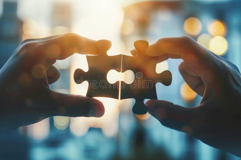Two Hands Holding Puzzle Pieces Against Light Background. Stock Image ...