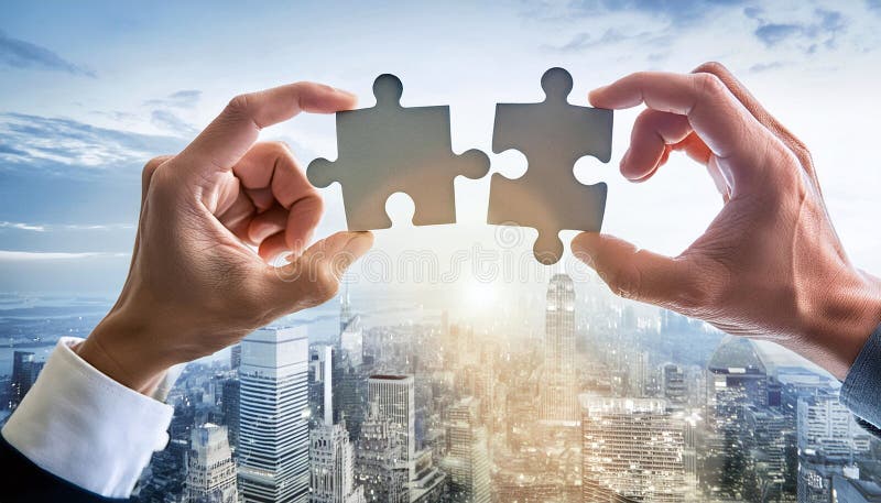 Two Hands Holding Puzzle Pieces Over a Cityscape. Generative AI Stock ...