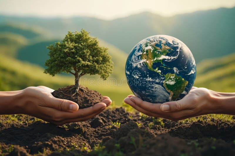 Two Hands Holding a Small Tree and the Earth Stock Image - Image of ...
