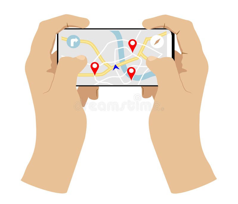 Two Hands Holding Smartphone and Touching Screen with Map and Mobile ...