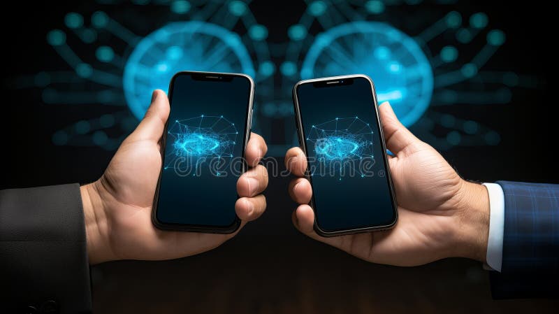 Two Hands Holding Smartphones Displaying Digital Brain Graphics in a ...