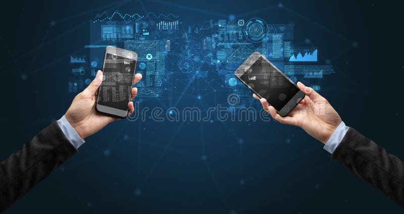 Two Hands Holding Smartphones To Sync Business Data Stock Image - Image ...