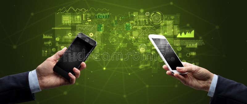 Two Hands Holding Smartphones To Sync Business Data Stock Photo - Image ...